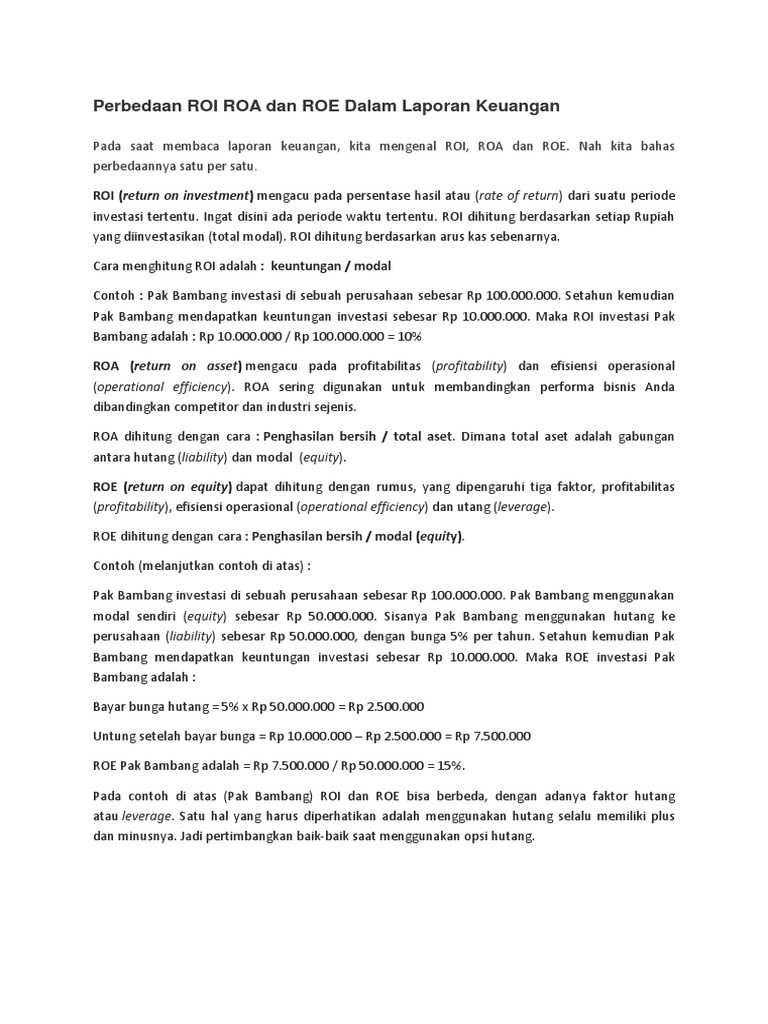 Perbedaan ROI ROA Dan ROE Dalam Laporan Keuangan | PDF | Bisnis | Hukum