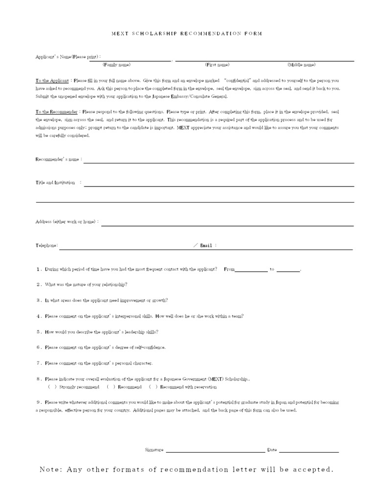 MEXT Scholarship Reference Form | PDF | Envelope | Business