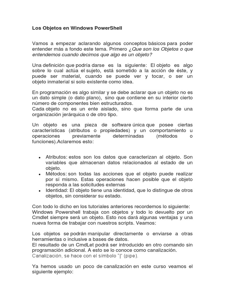 Los Objetos En Windows Powershell Pdf Objeto Informática Áreas De Informática 