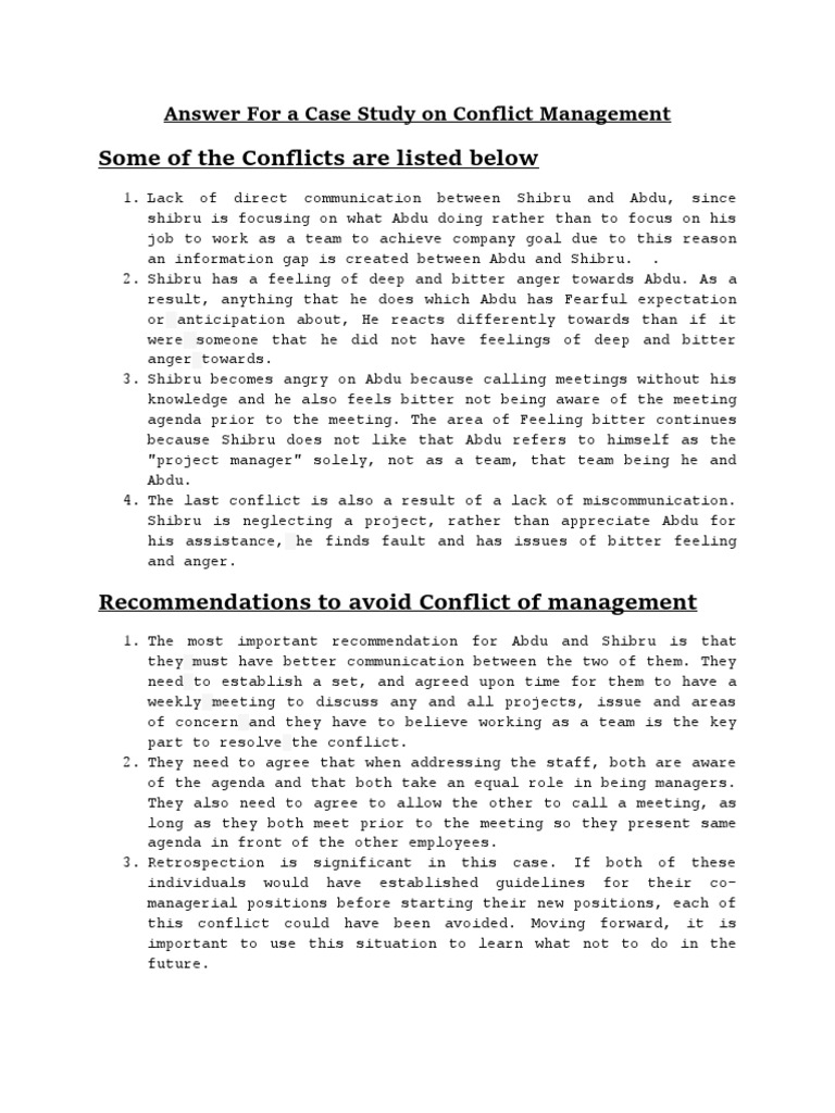 Some of The Conflicts Are Listed Below: Answer For A Case Study On ...