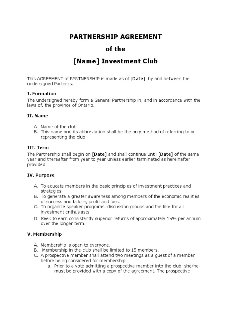 Sample Investment Club Partnership Agreement | PDF | Debits And Credits ...