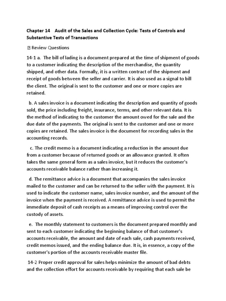 Chapter 14 Audit of The Sales and Collection Cycle | PDF | Invoice ...