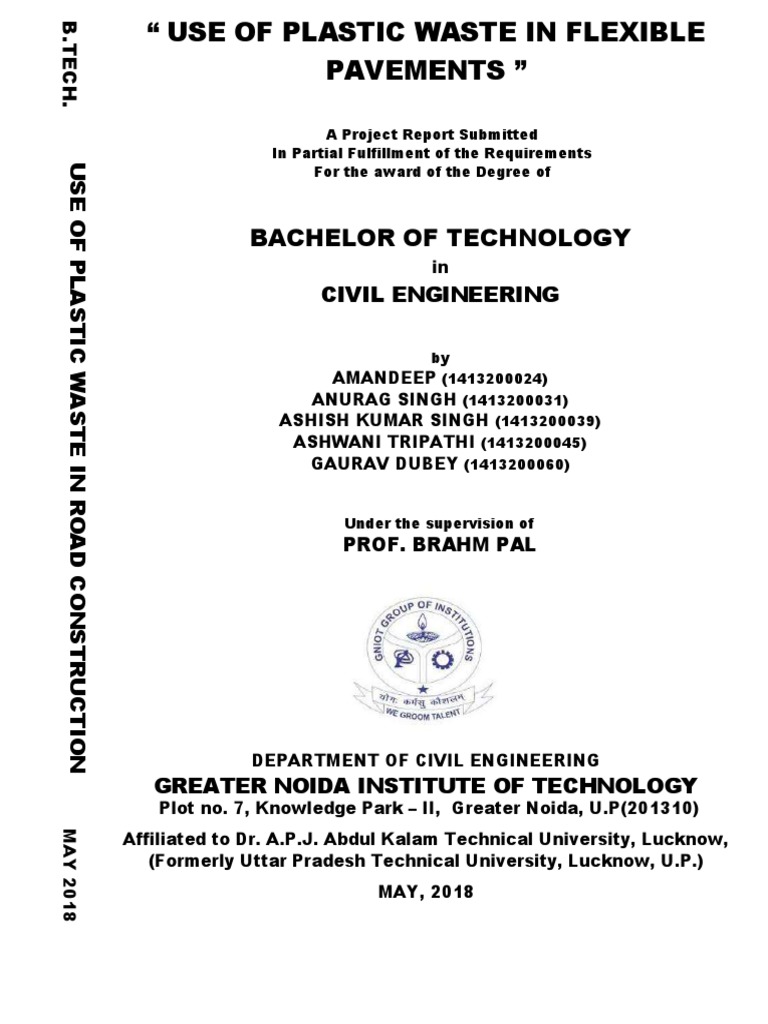 Final Year Project On USE OF PLASTIC WASTE IN FLEXIBLE PAVEMENTS | PDF ...