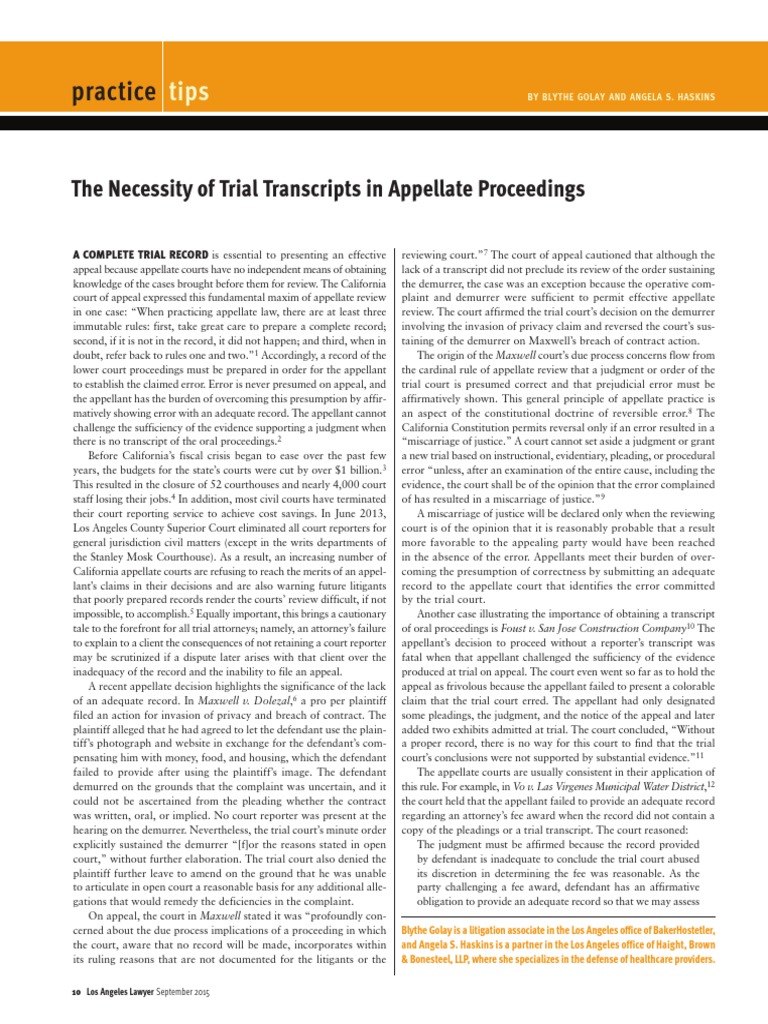 Practice: The Necessity of Trial Transcripts in Appellate Proceedings ...