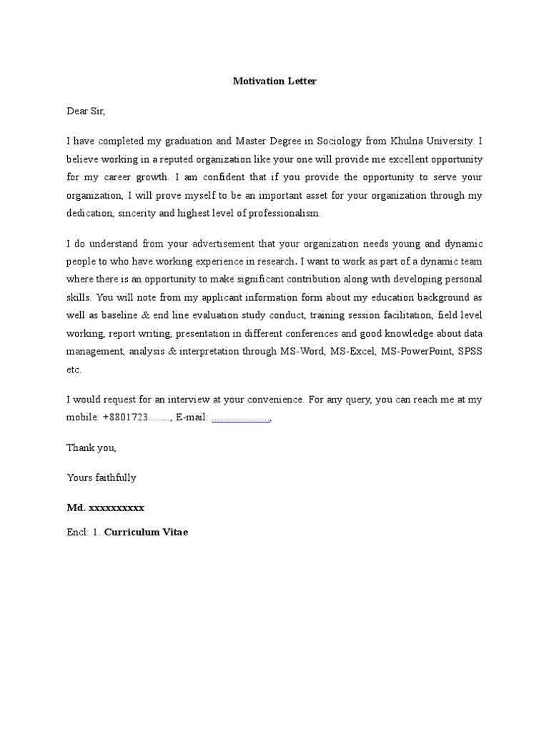 Motivation Letter: I Do Understand From Your Advertisement That Your ...