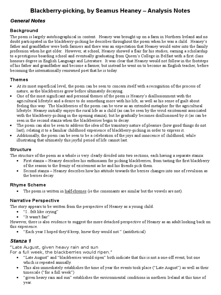 Blackberry-Picking - Analysis Notes | PDF | Berry | Poetry