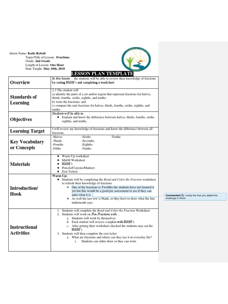 Fractions Lesson Plan | PDF | Educational Assessment | Lesson Plan