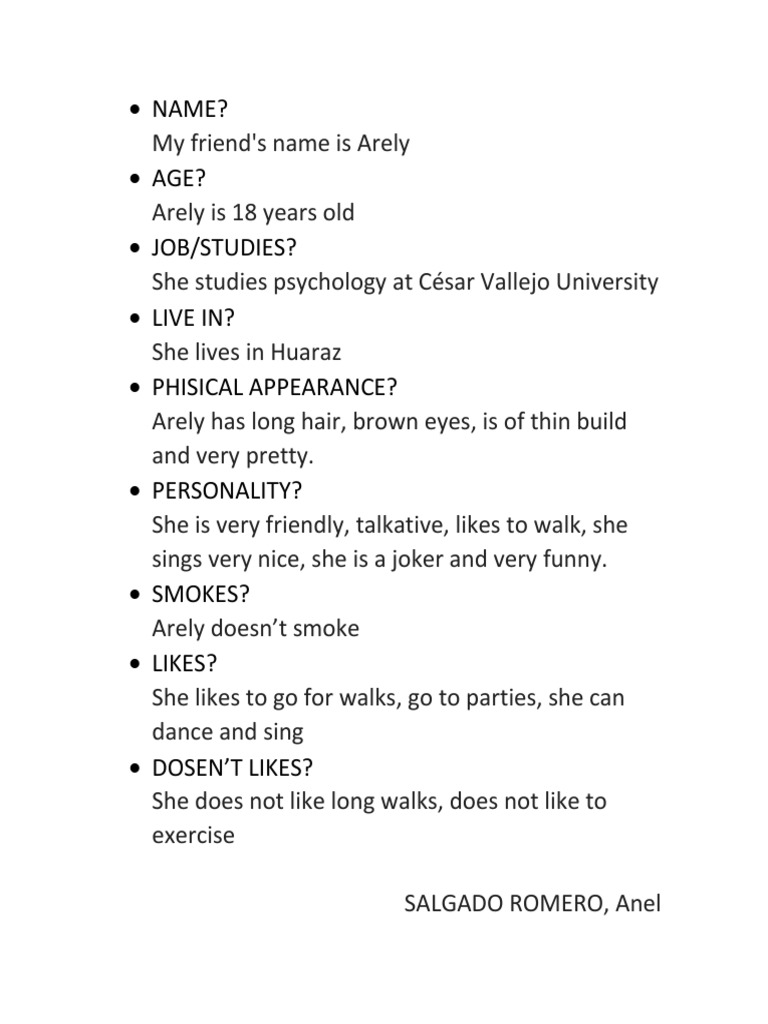 Name? Age? Job/Studies? Live In? Phisical Appearance? | PDF