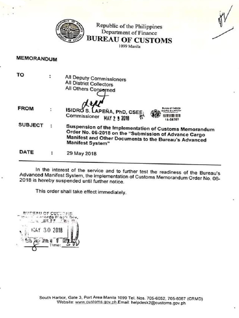 On hold Bureau of Customs CMO 06-2018 - Advanced Manifest System