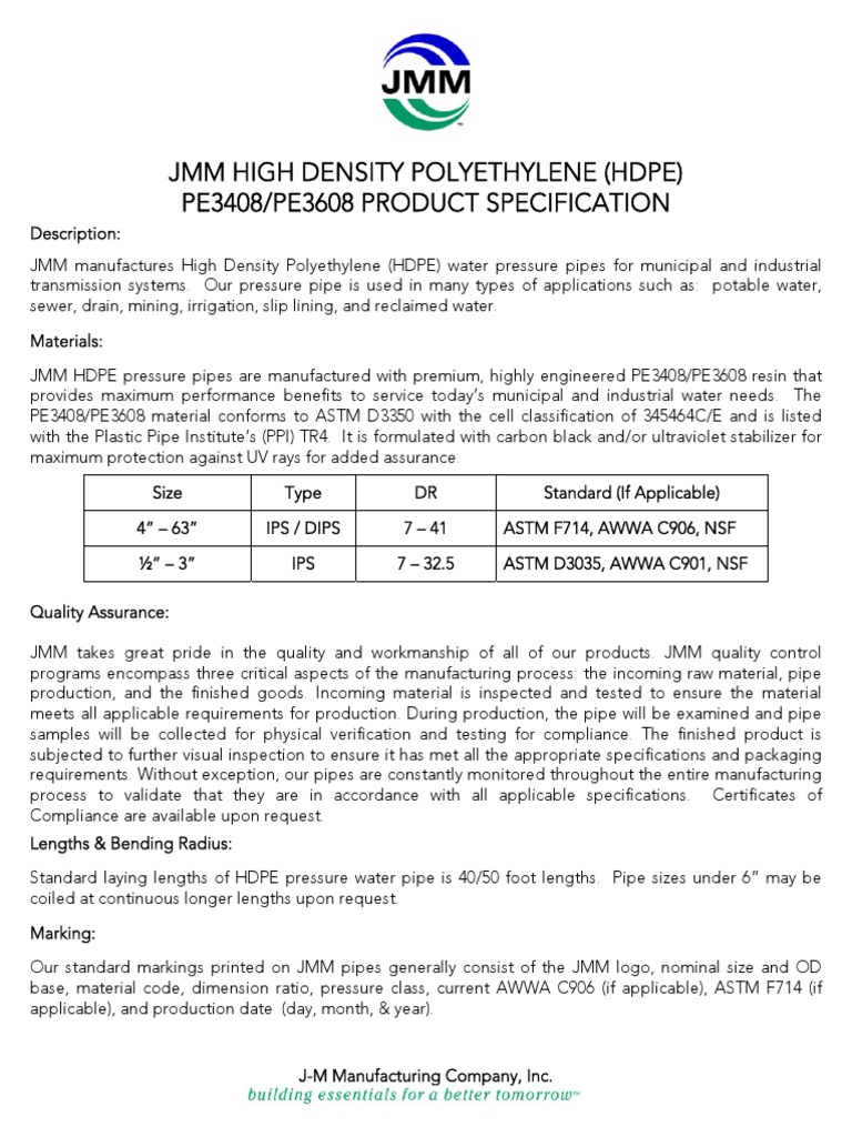 HDPE Spec Sheet 3608 PDF | PDF | Pipe (Fluid Conveyance ...