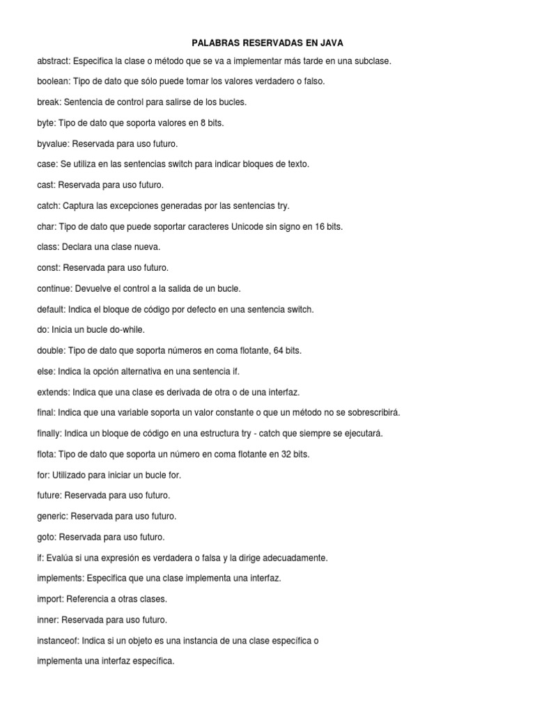 Palabras Reservadas en Java | PDF | Java (lenguaje de programación) | Tipo de datos