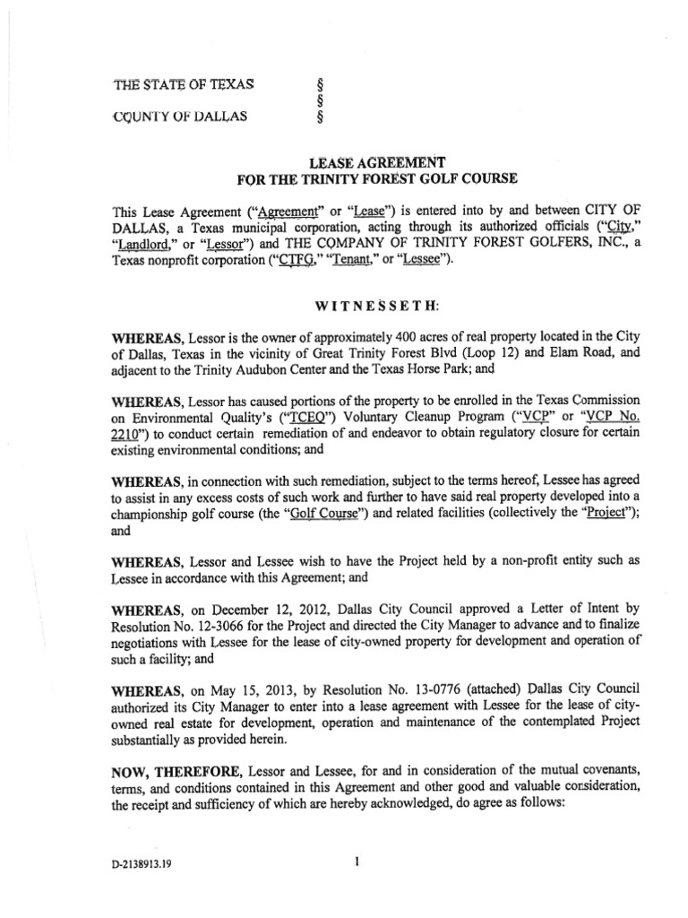 Trinity Forest Golf Club and City of Dallas Lease Agreement City Saved ...