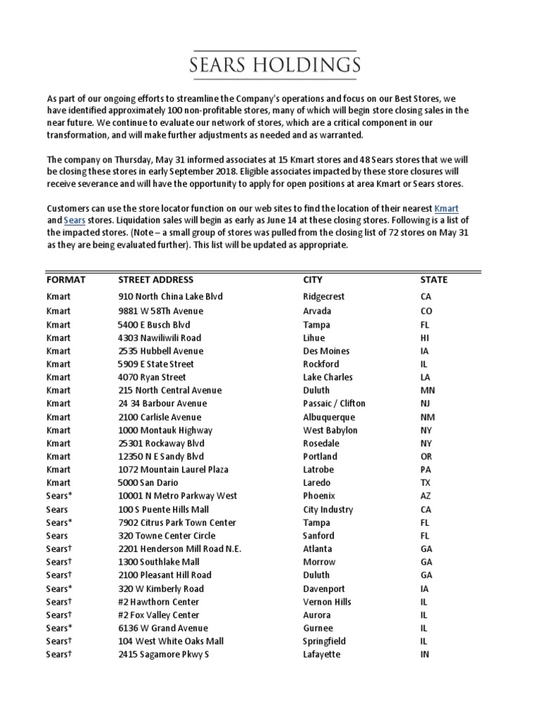 Store Closing List | PDF | Kmart | Retail Companies Of The United States