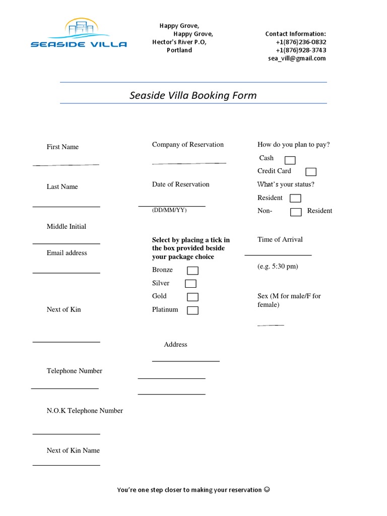 Seaside Villa Booking Form: Select by Placing A Tick in The Box ...