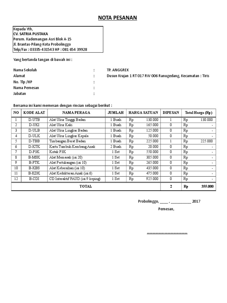 Nota Pesanan Alat DDTK PAUD | PDF