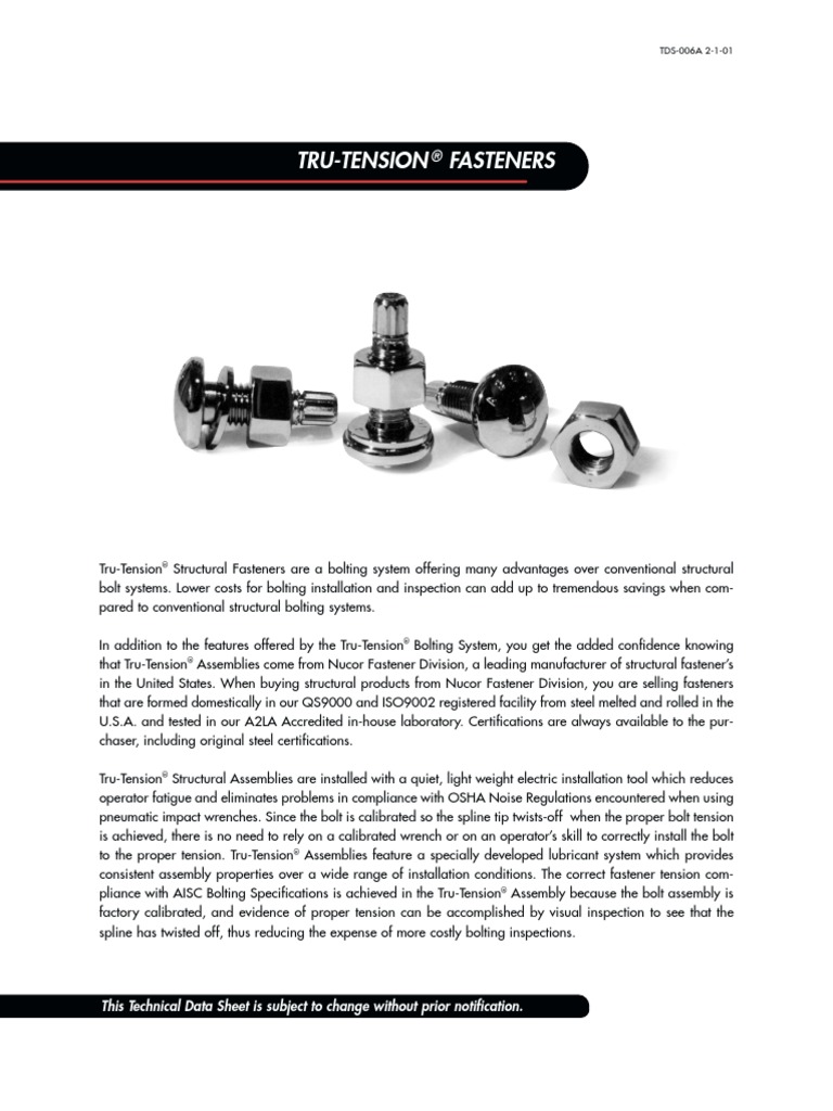 Tru-Tension Fasteners: TDS-006A 2-1-01 | PDF | Screw | Nut (Hardware)