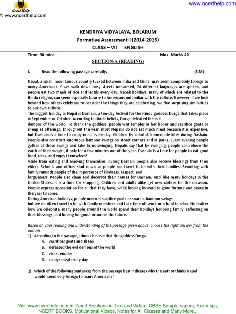 Cbse Sample Paper For Class 7 English FA 2 With Solution | PDF