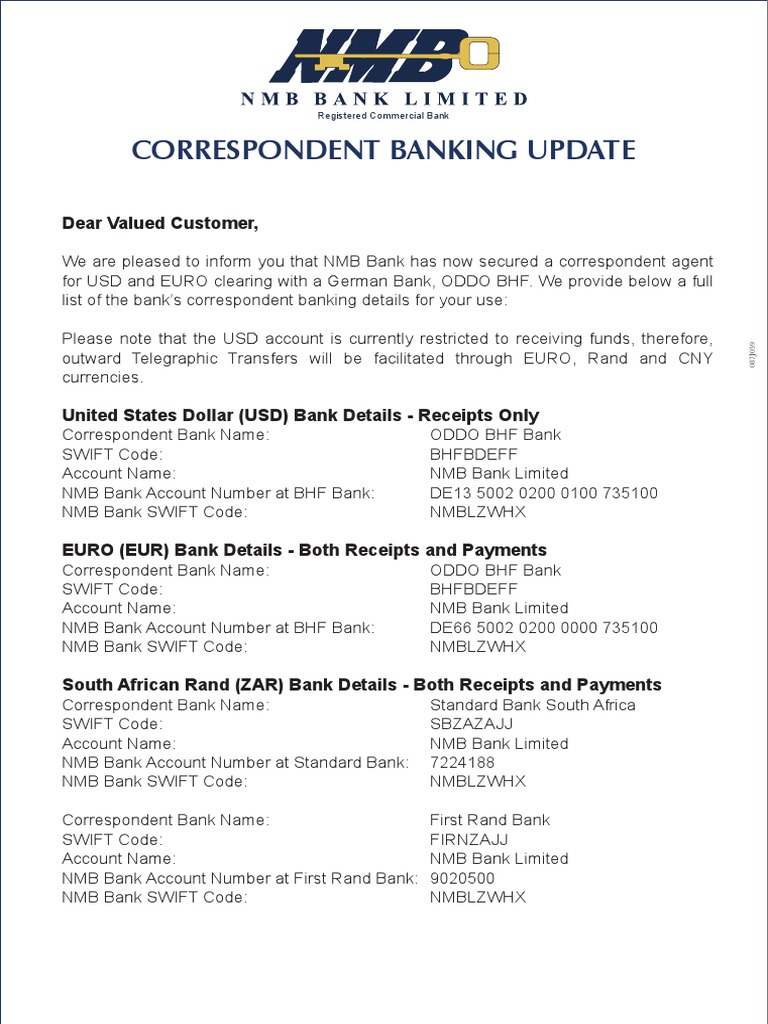 NMB Bank Correspondent Banking Details | PDF | Renminbi | Banks