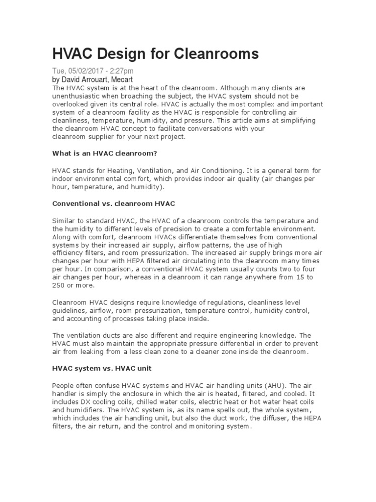 HVAC Design For Cleanrooms | PDF | Hvac | Heat Transfer