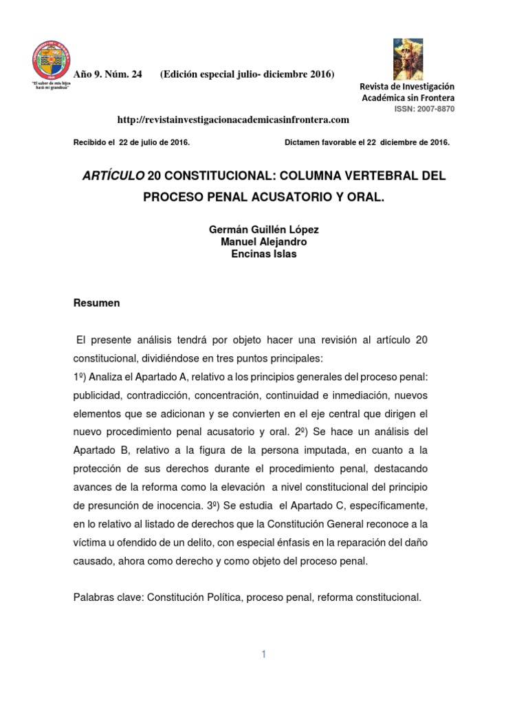 Artículo 20 Constitucional. Columna Vertebral Del Proceso Penal ...