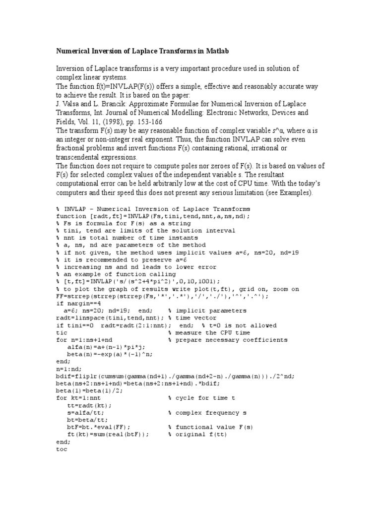 Numerical Inversion of Laplace Transforms in Matlab: An Effective Method for Solving Complex ...