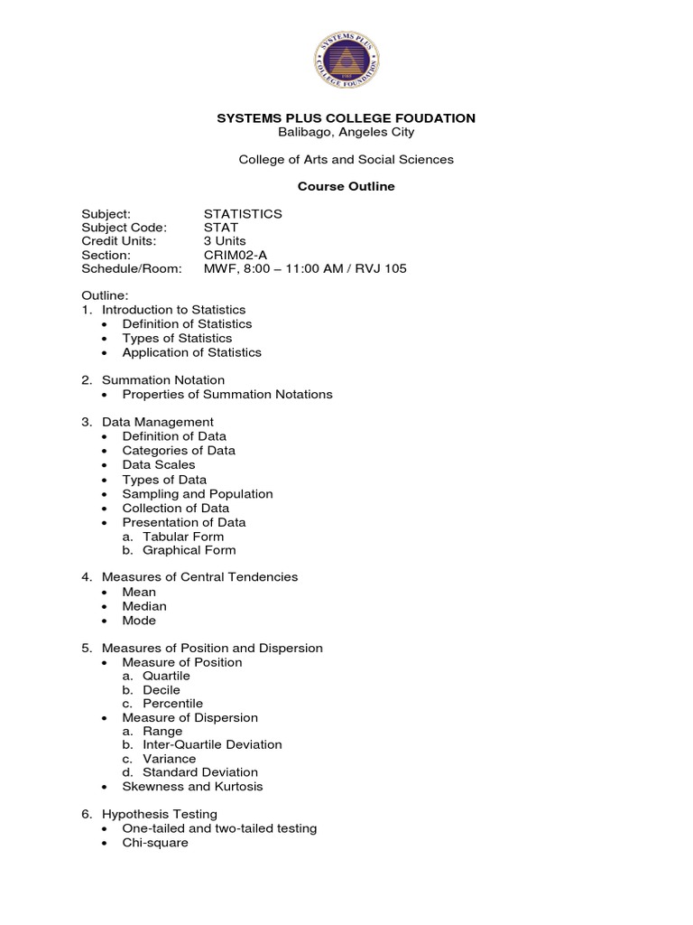 Statistics Course Outline | PDF | Analysis Of Variance | Statistics