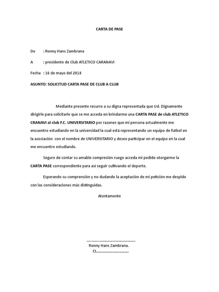 Carta de Pase Ronny | PDF
