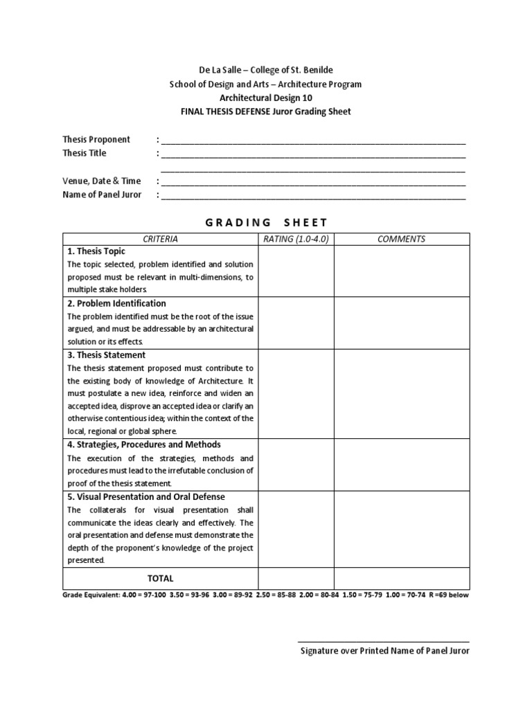 De La Salle Final Thesis Defense Juror Grading Sheet | PDF