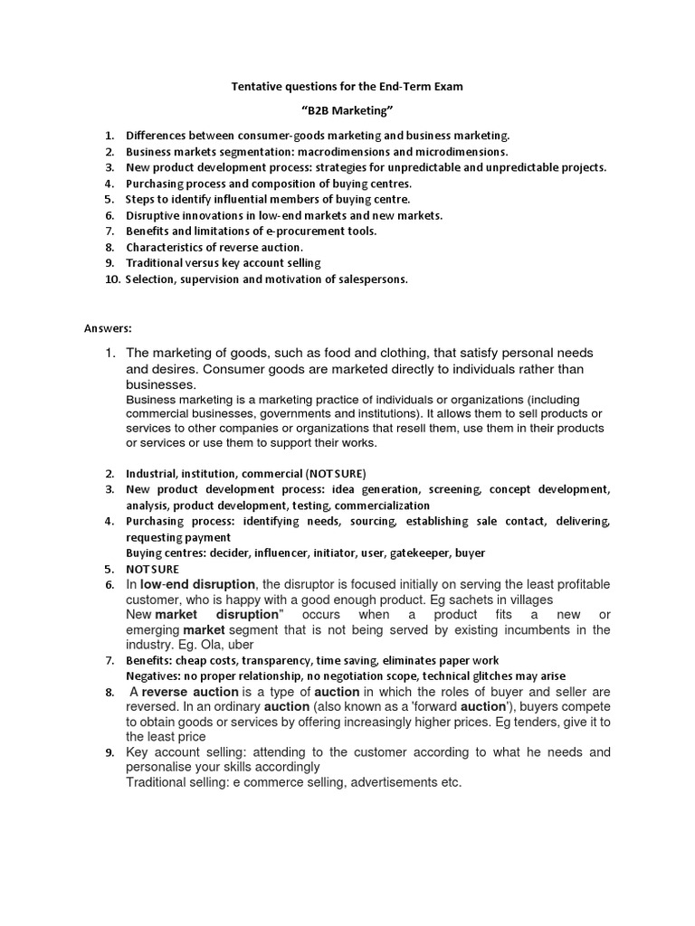 Tentative Questions Students B2B Marketing | PDF | Sales | Marketing