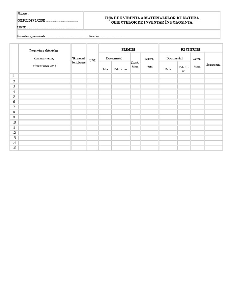 Fisa de Evidenta A Materialelor de Natura Obiectelor de Inventar in Folosinta | PDF