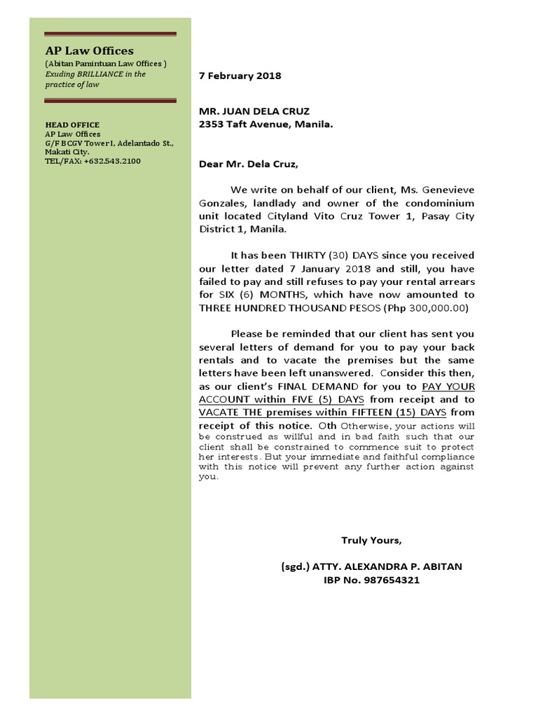 Demand Letter Unlawful Detainer and Sum of Money