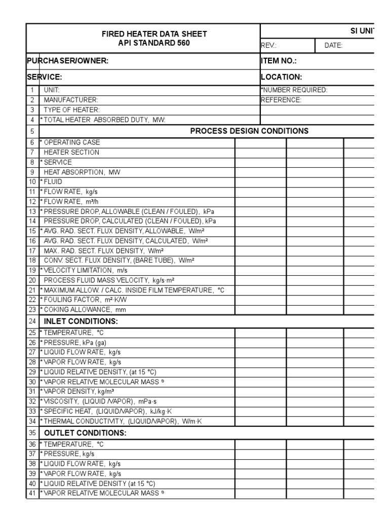 API 560-2007 Datasheets - SI | PDF | Pipe (Fluid Conveyance) | Chimney