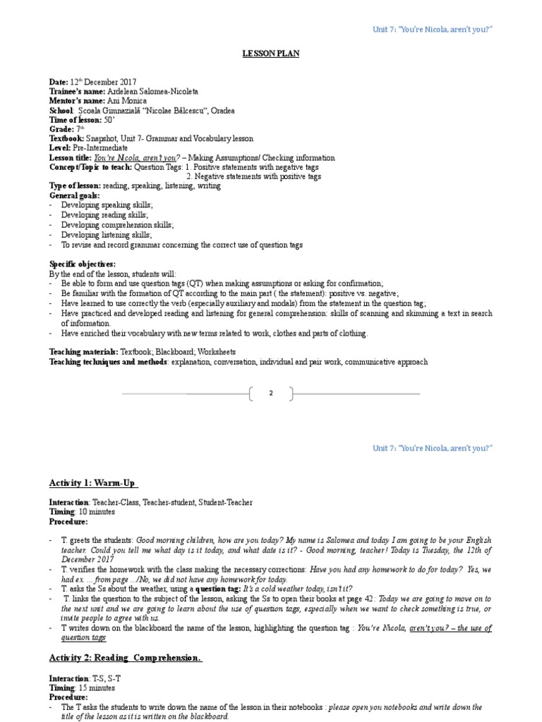 Lesson Plan: Question Tags for Grade 7 | PDF | Question | Verb