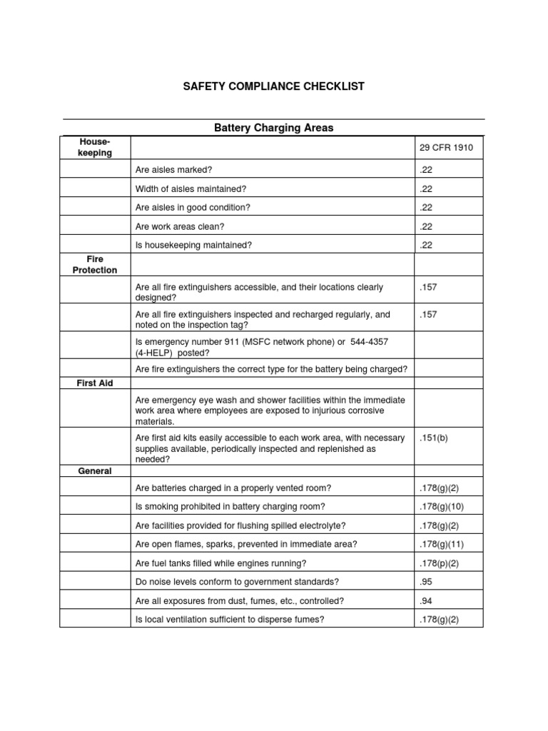 Safety Compliance Checklist: House-Keeping | PDF | Battery (Electricity ...
