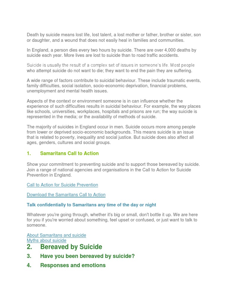 Bereaved by Suicide: 1. Samaritans Call To Action | PDF | Grief | Self Harm