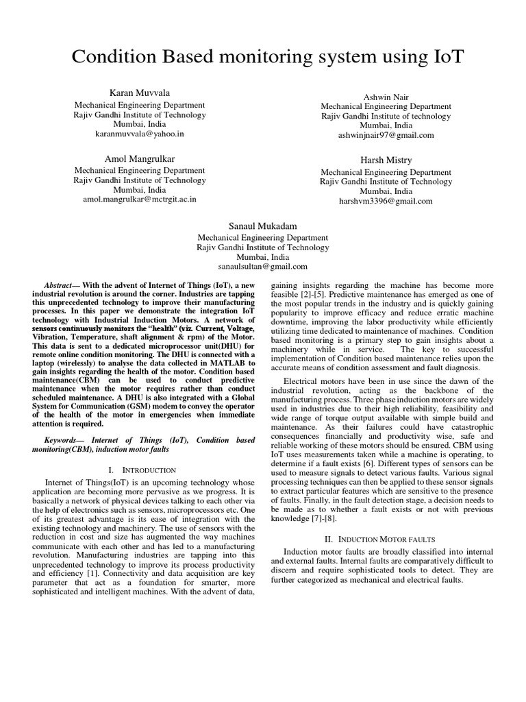 Condition Based Monitoring System Using IoT | PDF | Internet Of Things | Electrical Engineering