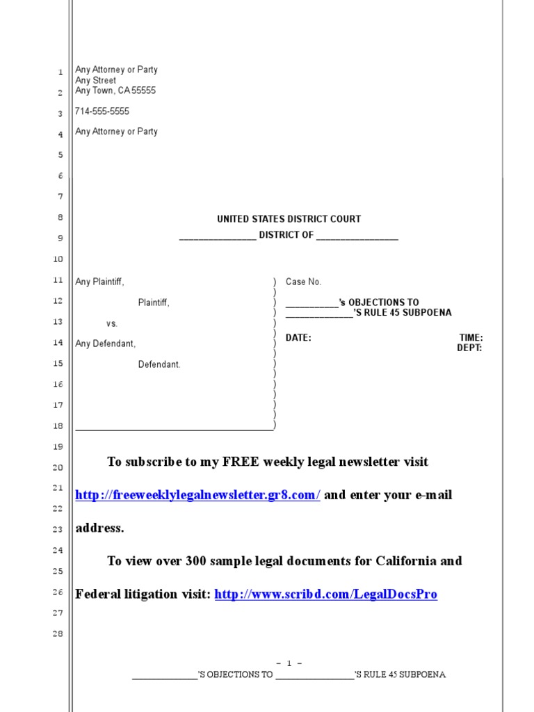 Sample Objections To Rule 45 Subpoena in United States District Court ...