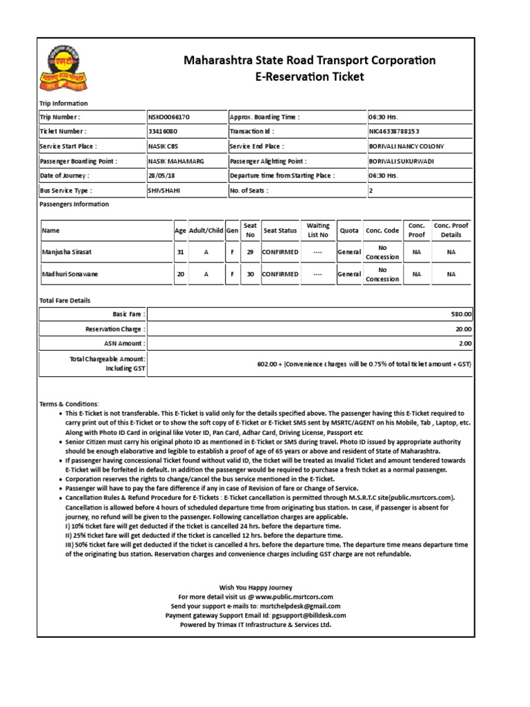 Maharashtra State Road Transport Corpora On E-Reserva On Ticket ...