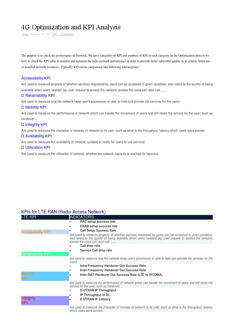 4G KPI Optimization and Analysis | PDF | Lte (Telecommunication) | 4 G