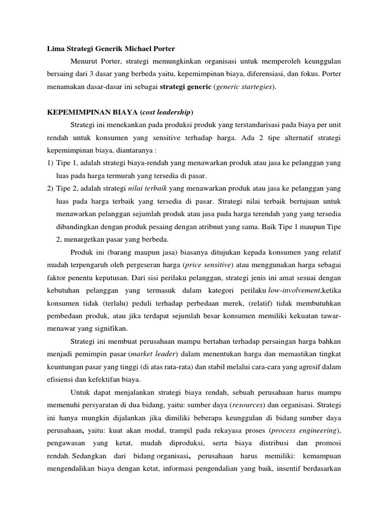 Lima Strategi Generik Michael Porter | PDF