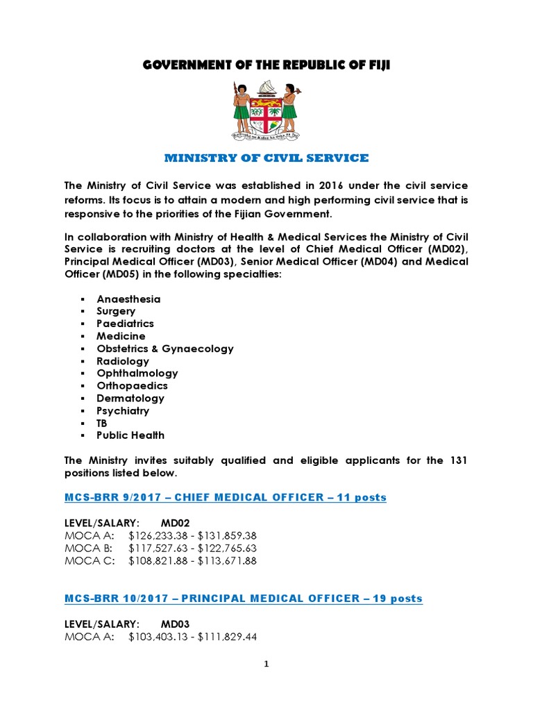 Fiji Ministry of Health Requirements for April 2017 | Physician | Medicine