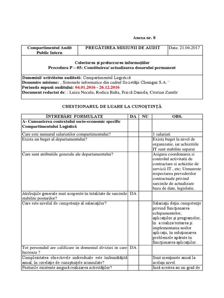 Chestionar luare cunostinta