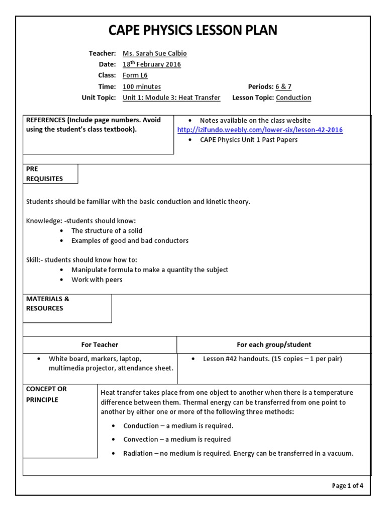 Lesson Plan For Lesson 42 Conduction | PDF | Thermal Conduction | Heat ...