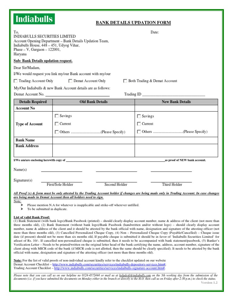 India Bulls Bank Details Updation Form | Cheque | Service Industries