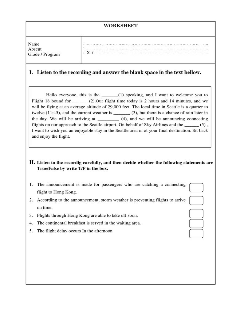 Worksheet Announcement (Listening) | PDF
