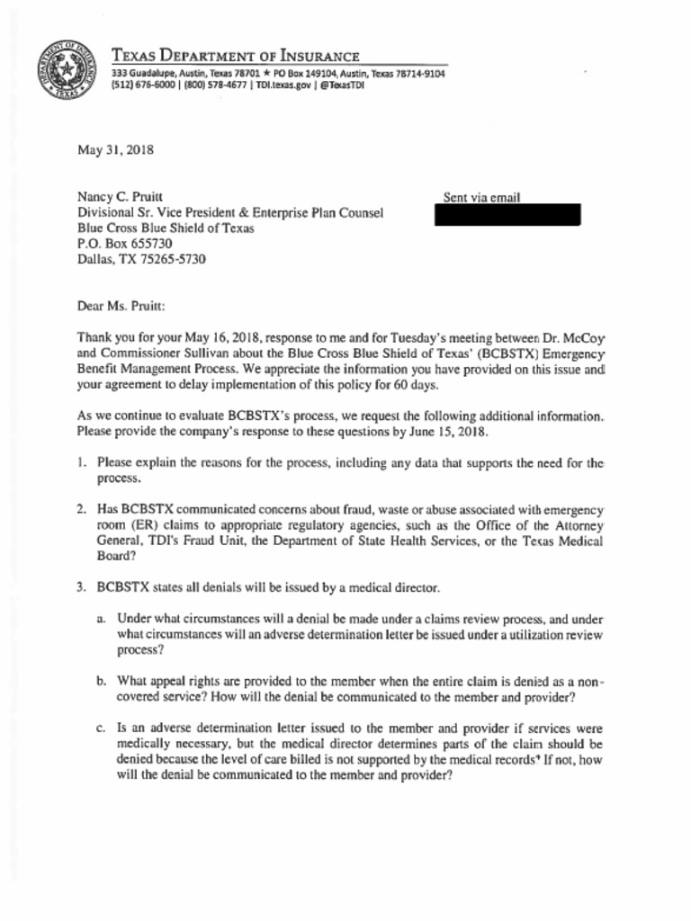 Letter From The Texas Department of Insurance To Blue Cross | PDF