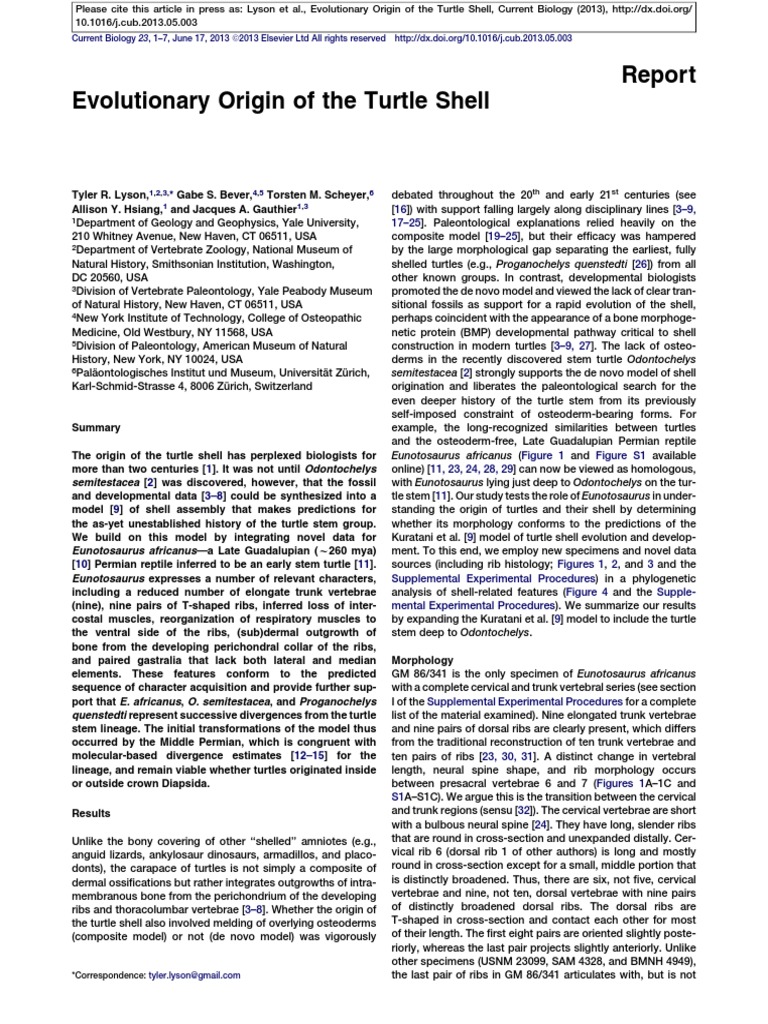 Lyson Etal 2013 Evolutionary Origin of The Turtle Shell | PDF ...