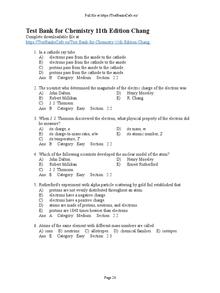 Chemistry Test Bank: Chang 11th Edition | PDF | Radioactive Decay | Atoms