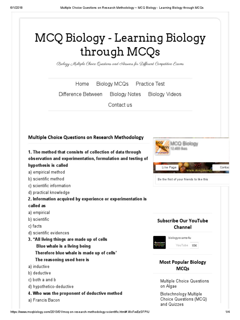 Multiple Choice Questions On Research Methodology - MCQ Biology ...