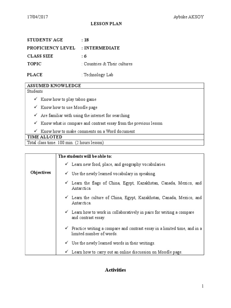 Countries and Cultures Lesson Plan | PDF | Essays | Vocabulary